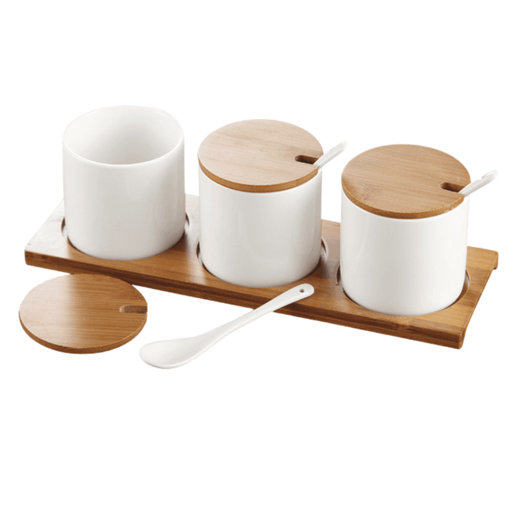 Nordic Round Ceramic Condiment Jars with Natural Bamboo Lid with Tray ...