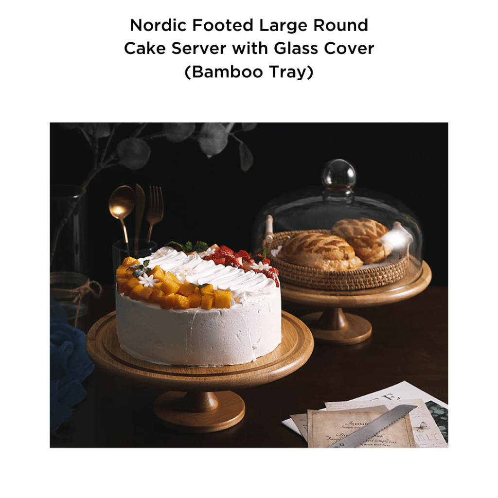 Nordic Large Round Footed Cake Server with Glass Cover (Bamboo Tray ...