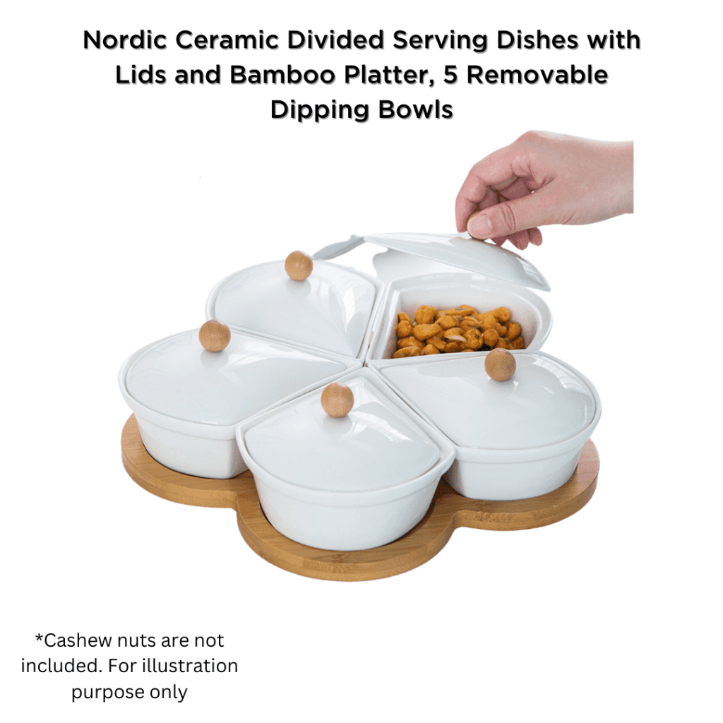 Nordic Ceramic Divided Serving Dishes with Lids and Bamboo Platter ...