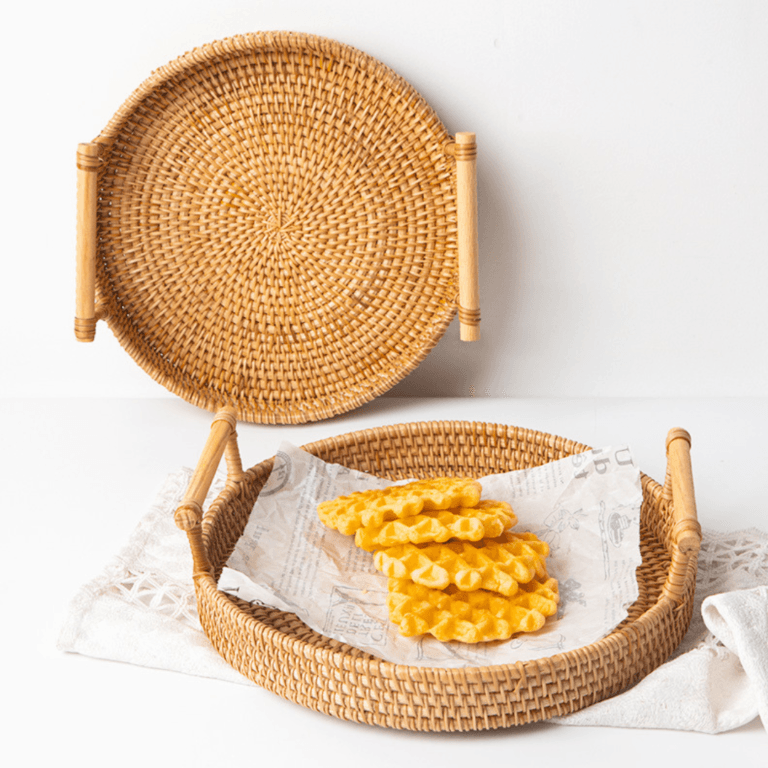 Nordic Handwoven Rattan Tray with Wooden Handle – Kitchen Plaza