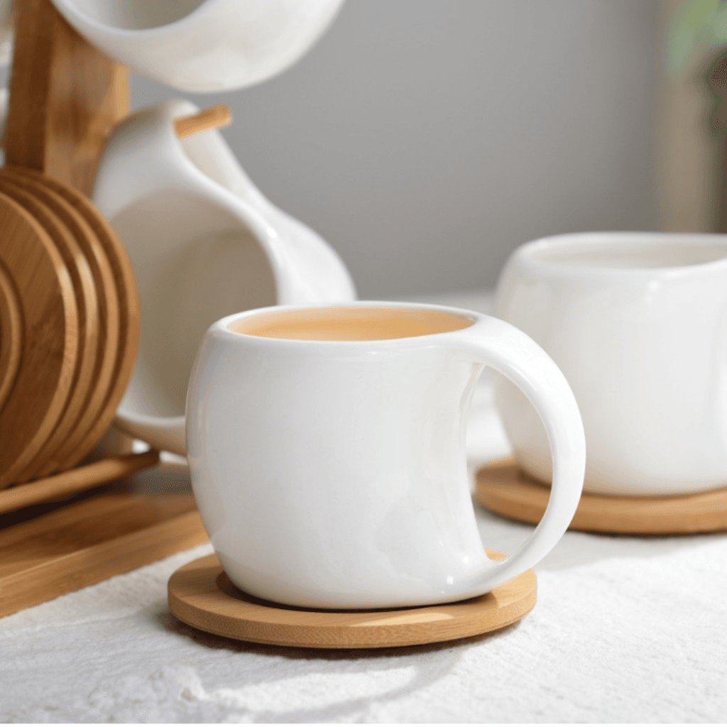 Nordic White Ceramic Mug Set with Bamboo Coaster and Holder – Kitchen Plaza