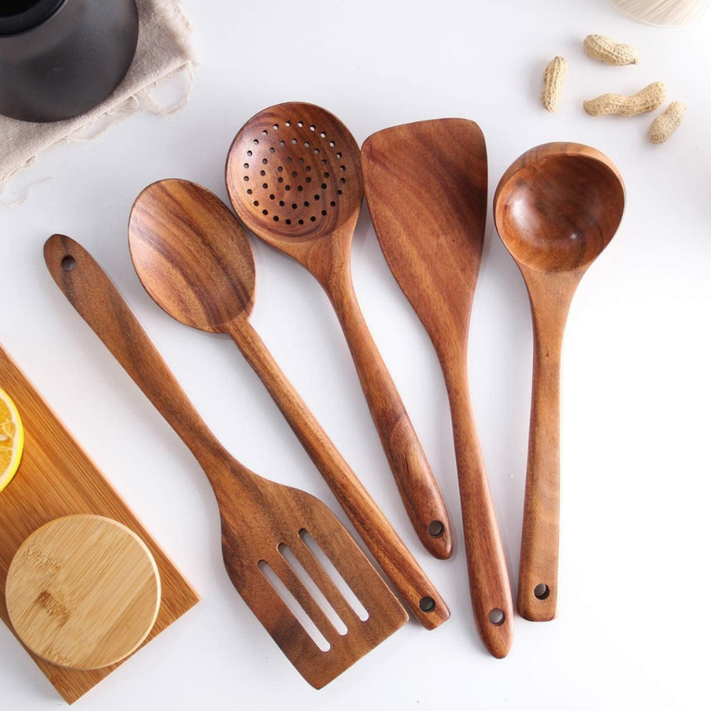 5Pcs Teak Wood Kitchen Utensils with Holder – Kitchen Plaza