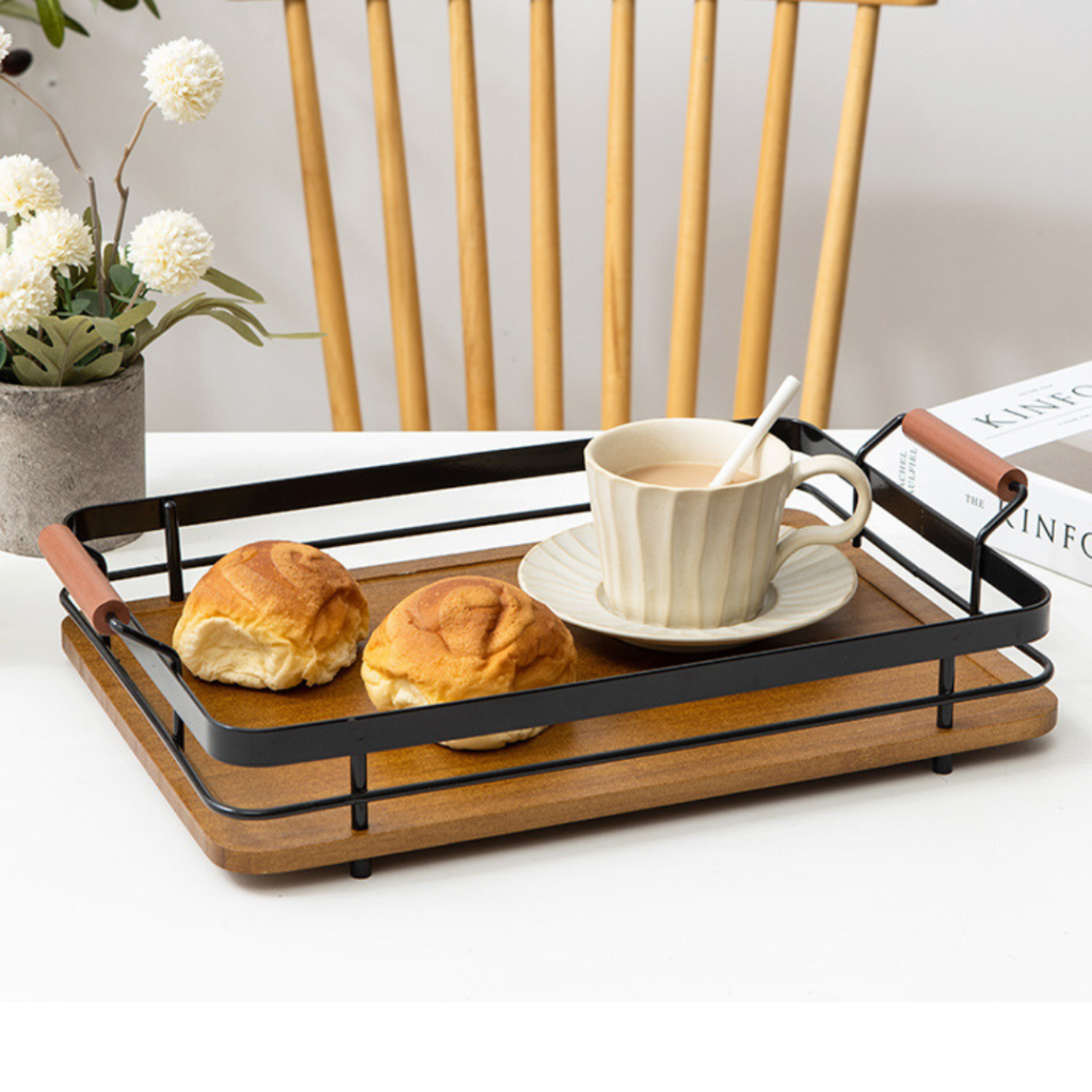 Nordic Bamboo Serving Tray Rectangular with Metal Frame (Brown ...