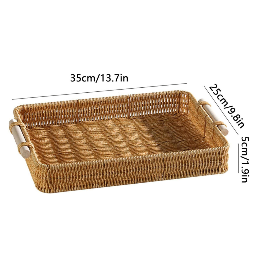 Nordic Decorative Tray Rectangular Imitation Rattan with Wooden Handle ...